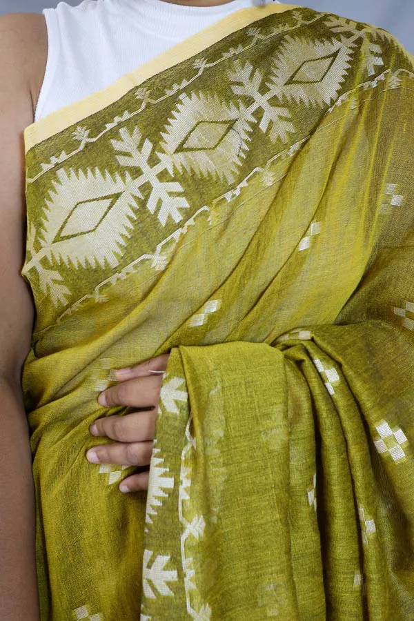 Olive Green Soft Cotton Saree with Grey Jamdani Motifs | bongchong