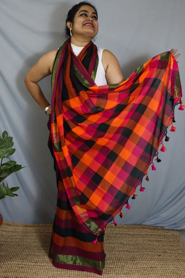 Orange Checked Gamcha Cotton Saree | bongchong