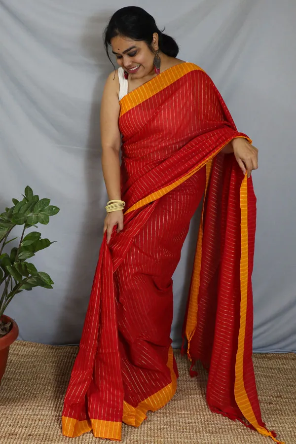 Red Striped Cotton Saree | bongchong
