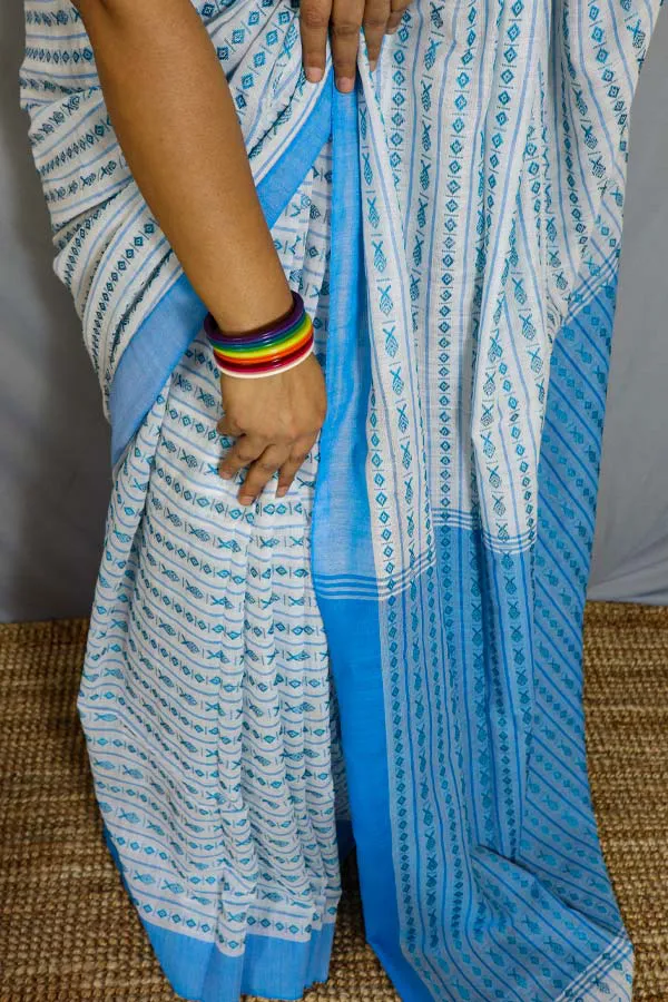 Sky Blue and White Fish Motif Cotton Saree | bongchong