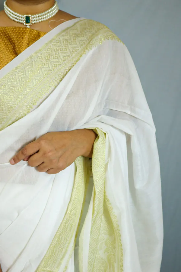 White Cotton Saree with Broad Zari Border | bongchong