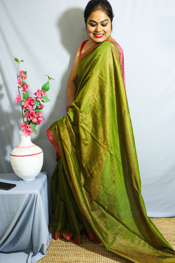 Olive Green Plain Cotton Tissue Saree | bongchong