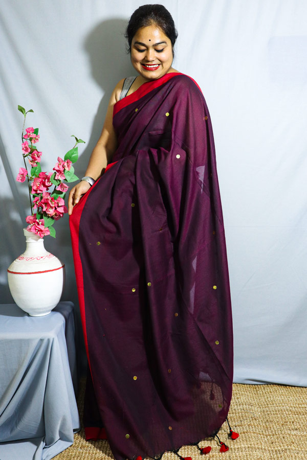 Wine Chumki Embellished Cotton Saree with Red Border | bongchong