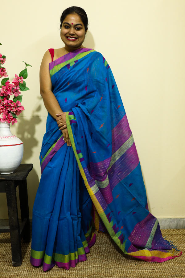 Blue Cotton Silk Saree with Tiny Motifs | bongchong
