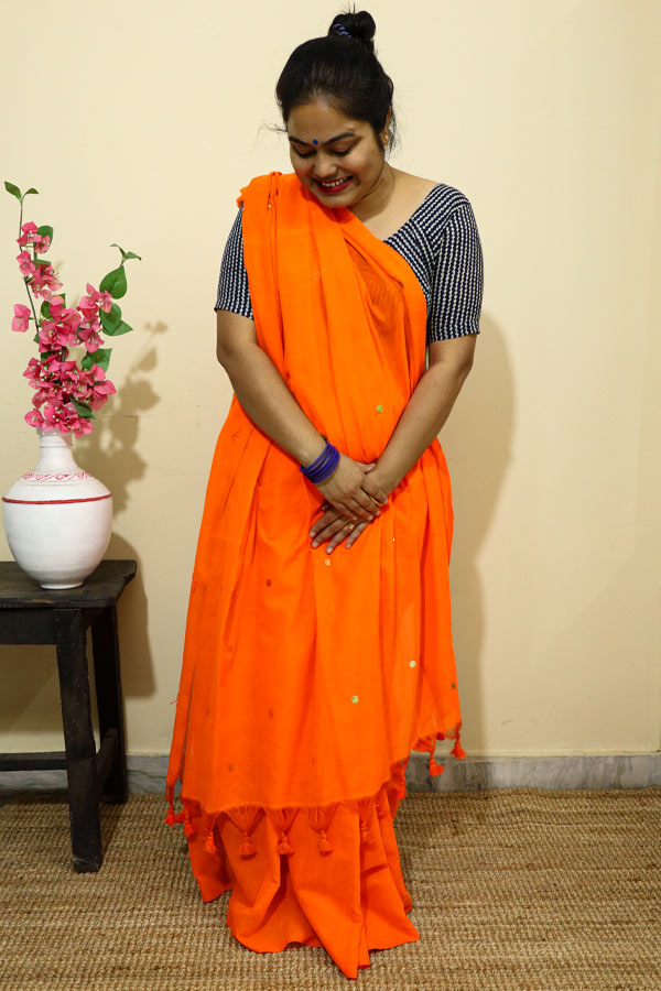 Orange Chumki Embellished Cotton Saree | bongchong