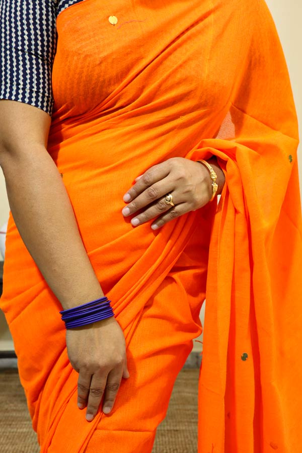 Orange Chumki Embellished Cotton Saree | bongchong