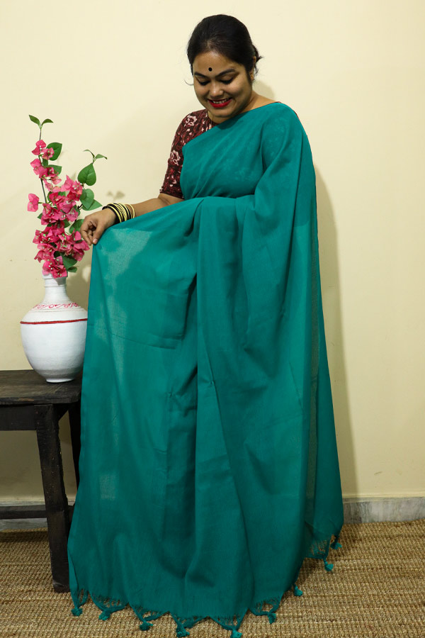 Turquoise Plain Cotton Saree | bongchong