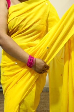 Yellow Chumki Embellished Cotton Saree | bongchong