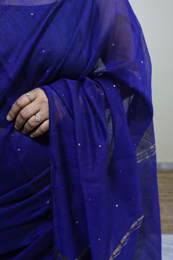 Royal Blue Sequined Cotton Silk Saree | bongchong