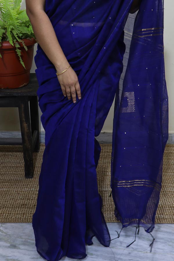 Royal Blue Sequined Cotton Silk Saree | bongchong