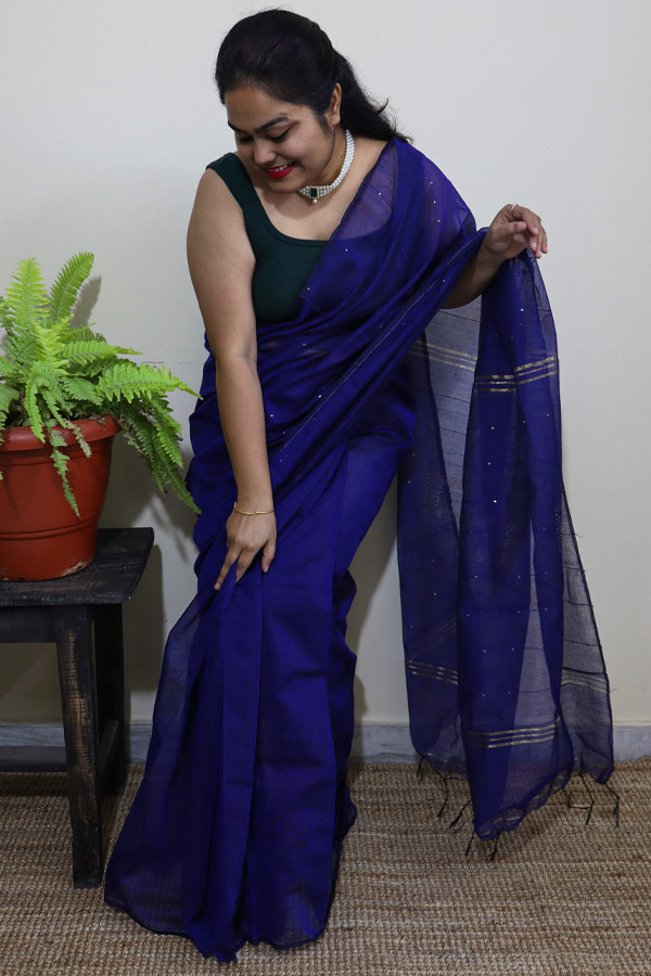 Royal Blue Sequined Cotton Silk Saree | bongchong