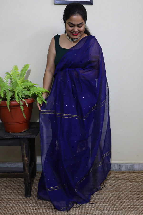 Royal Blue Sequined Cotton Silk Saree | bongchong