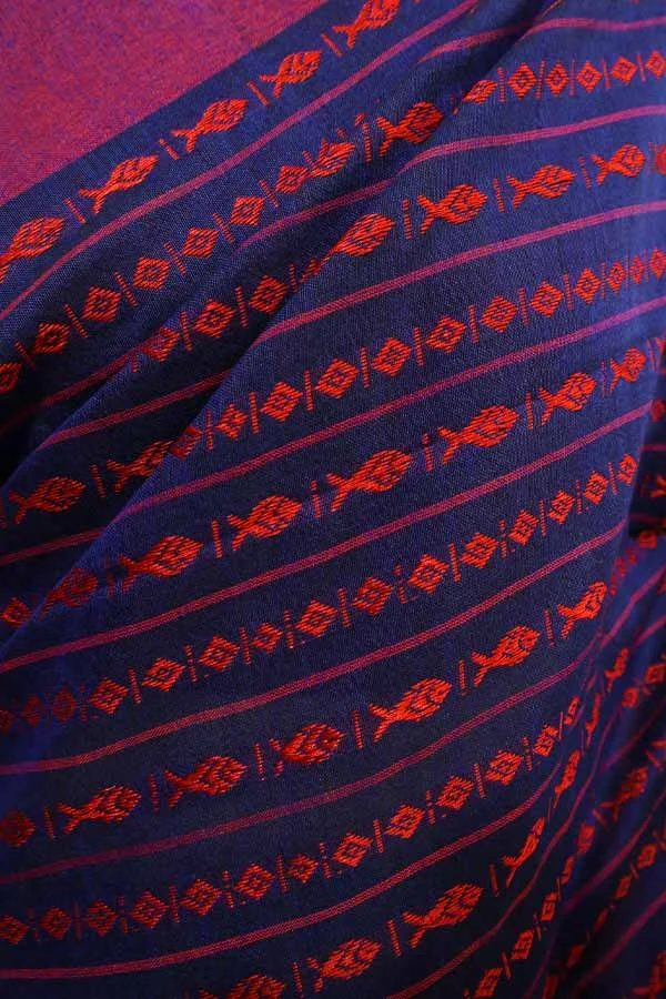 Blue and Red Soft Cotton Saree with Fish Motif | bongchong