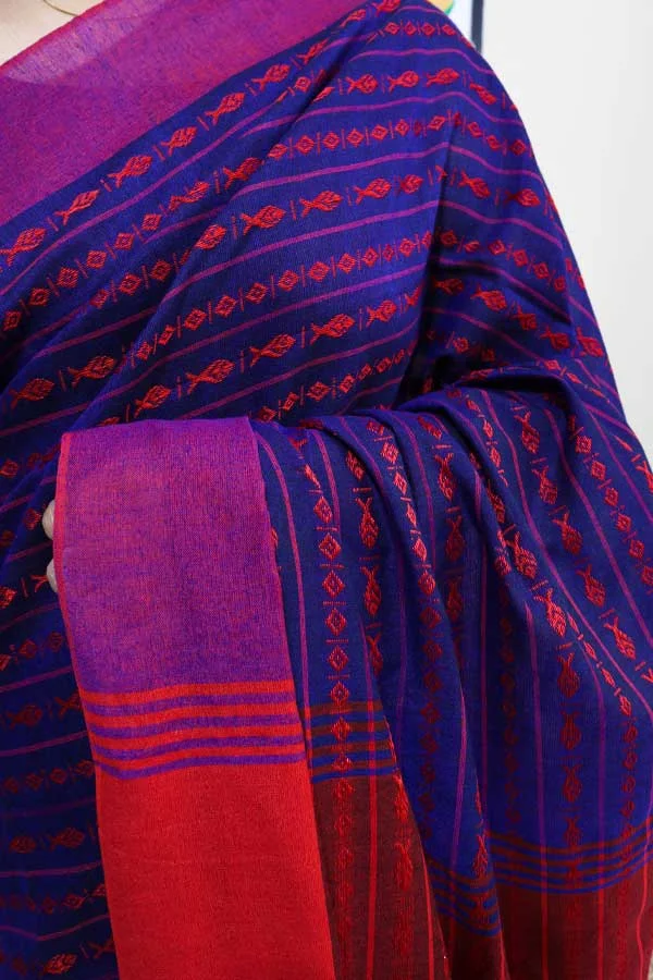 Blue and Red Soft Cotton Saree with Fish Motif | bongchong