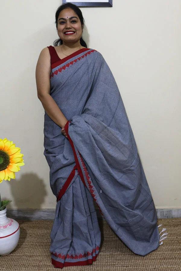 Grey Soft Cotton Saree with Red Heart Motif Border | bongchong