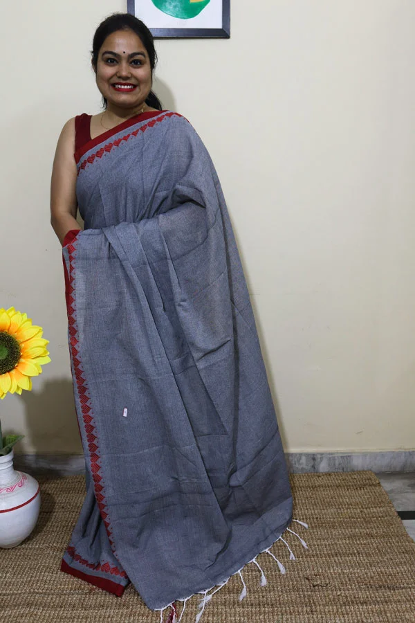 Grey Soft Cotton Saree with Red Heart Motif Border | bongchong
