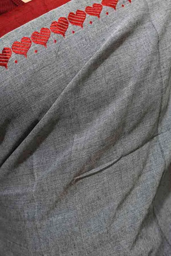 Grey Soft Cotton Saree with Red Heart Motif Border | bongchong