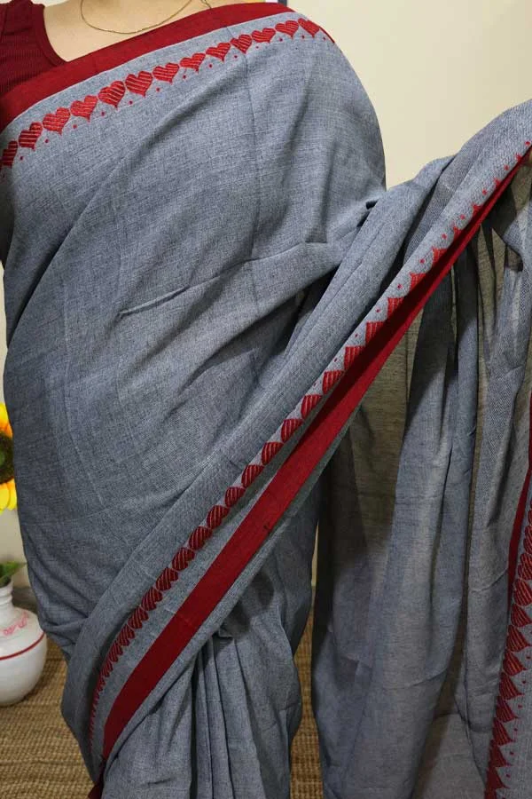 Grey Soft Cotton Saree with Red Heart Motif Border | bongchong