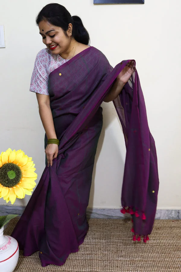 Old Mauve Dual Toned Soft Cotton Chumki Saree | bongchong