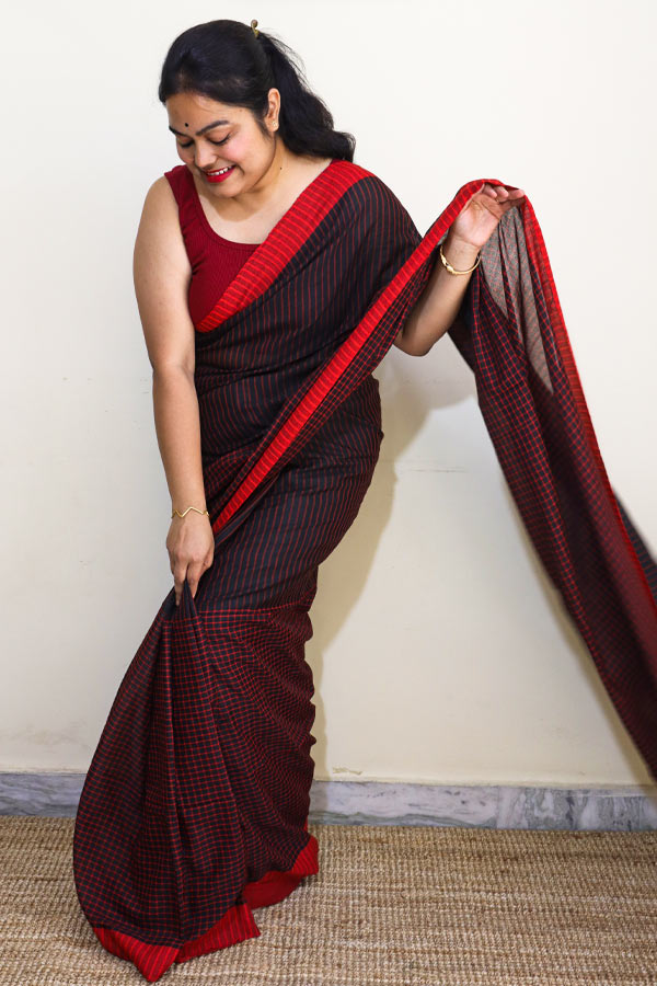 Black Soft Cotton Saree with Red Checks | bongchong