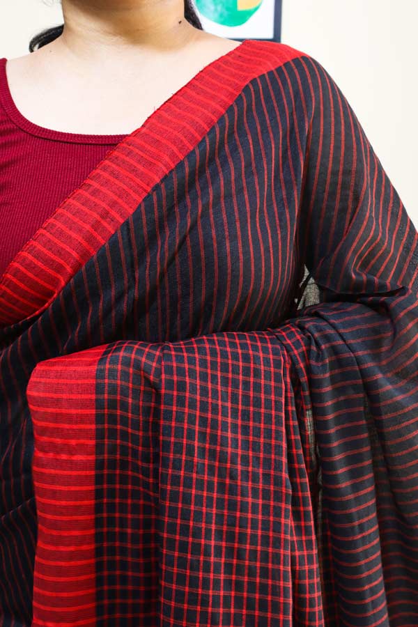 Black Soft Cotton Saree with Red Checks | bongchong