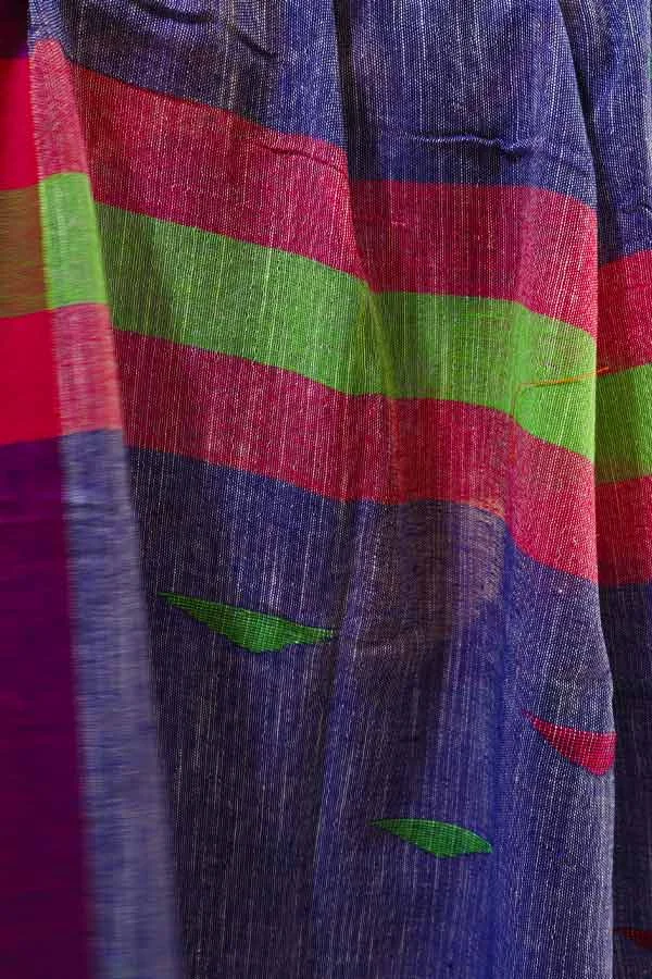 Blue Cotton Linen Saree with Triangle Motifs | bongchong