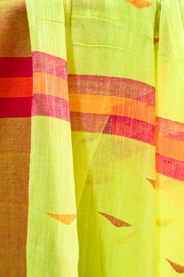 Pista Green Cotton Linen Saree with Triangle Motifs | bongchong