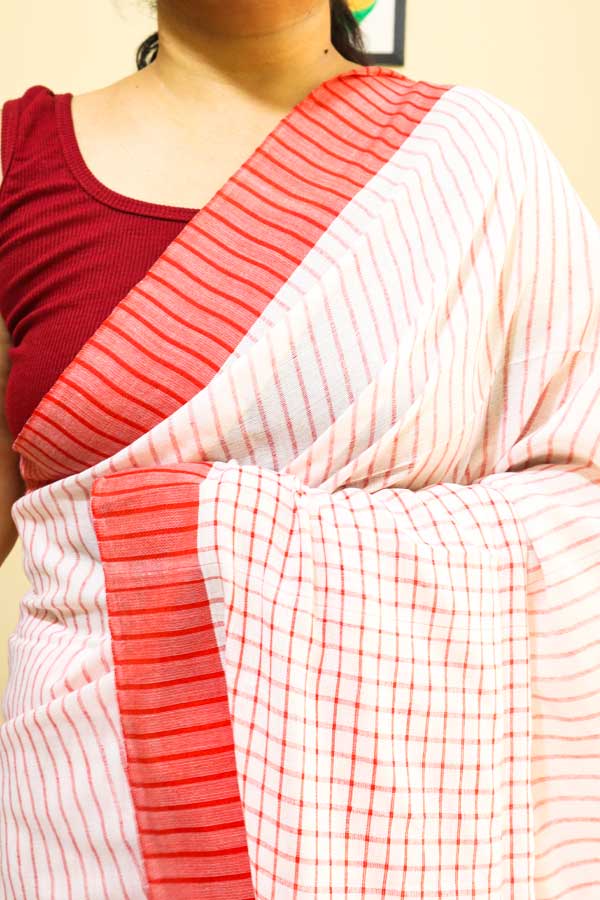 White Soft Cotton Saree with Red Checks | bongchong