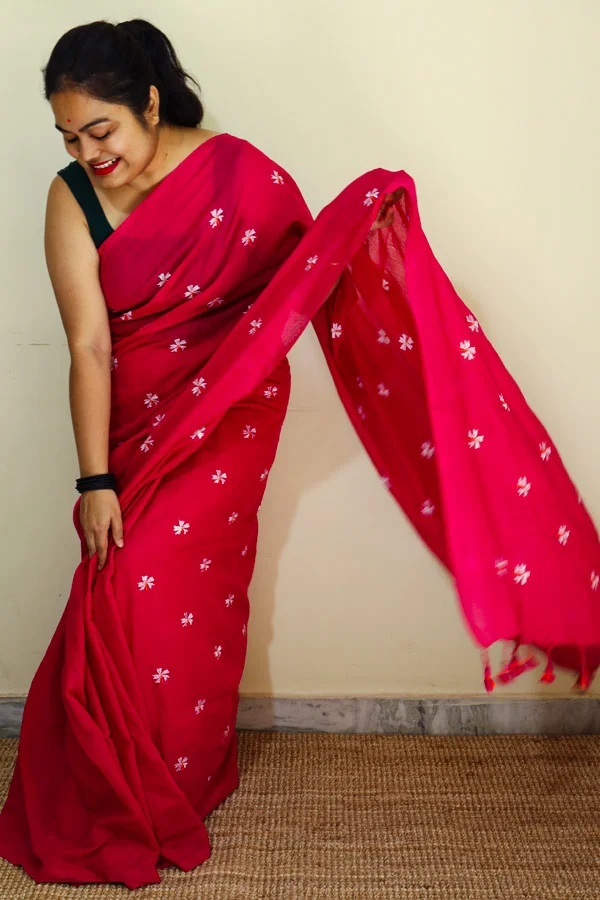 Bougainvillea Pink Soft Cotton Saree with Parijat Motifs | bongchong