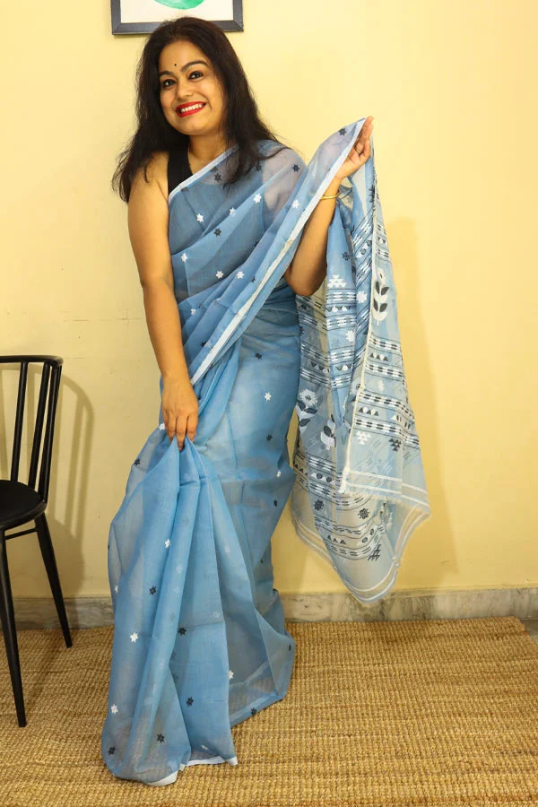 Pastel Blue Soft Jamdani Saree with Floral Motifs | bongchong