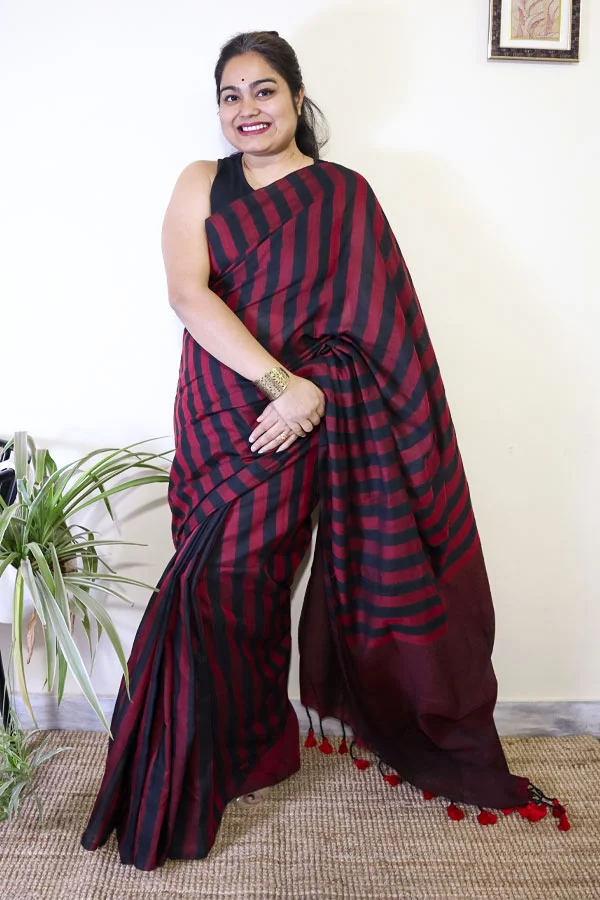 Red and Black Striped Soft Cotton Saree | bongchong