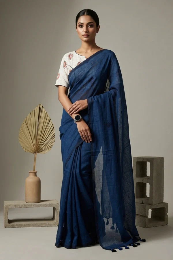Blue Plain Cotton Saree | bongchong