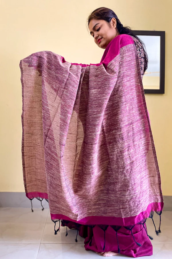 Wine Soft Cotton Saree with Ghicha Aanchal | bongchong